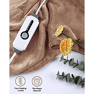 Heated Blanket 62 x 84 Inches Double Sided Extremely Soft Flannel Electric Blanket Twin Size Machine Washable Fast Heating with 4 Heating Levels & 10 Hours Auto Off, Home Office Use, Light Brown