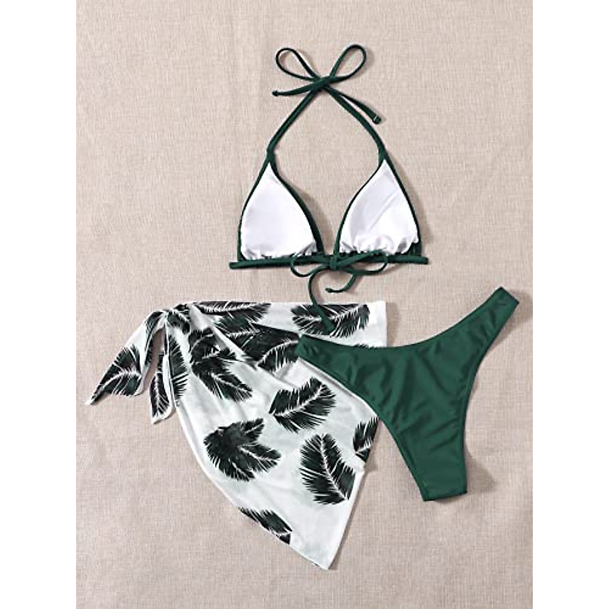 SOLY HUX Women's 3 Piece Swimsuits Print Halter Triangle Tie Side Bikini Bathing Suit with Cover Up Beach Skirt Green Tropical M