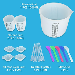 Creahaus 1000ML Large Silicone Measuring Cups for Resin, Easy to Read 36oz Silicone Mixing Bowl with 100ML Silicone Resin Mixing Cup, Easy Clean Reusable Epoxy Resin Supplies with Stir Stick, Pipettes