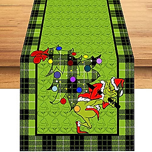 Rvsticty Linen Grinch Table Runner Merry Grinchmas Tablecloth Winter Xmas Christmas Decorations and Supplies for Home Kitchen Table-13×72''