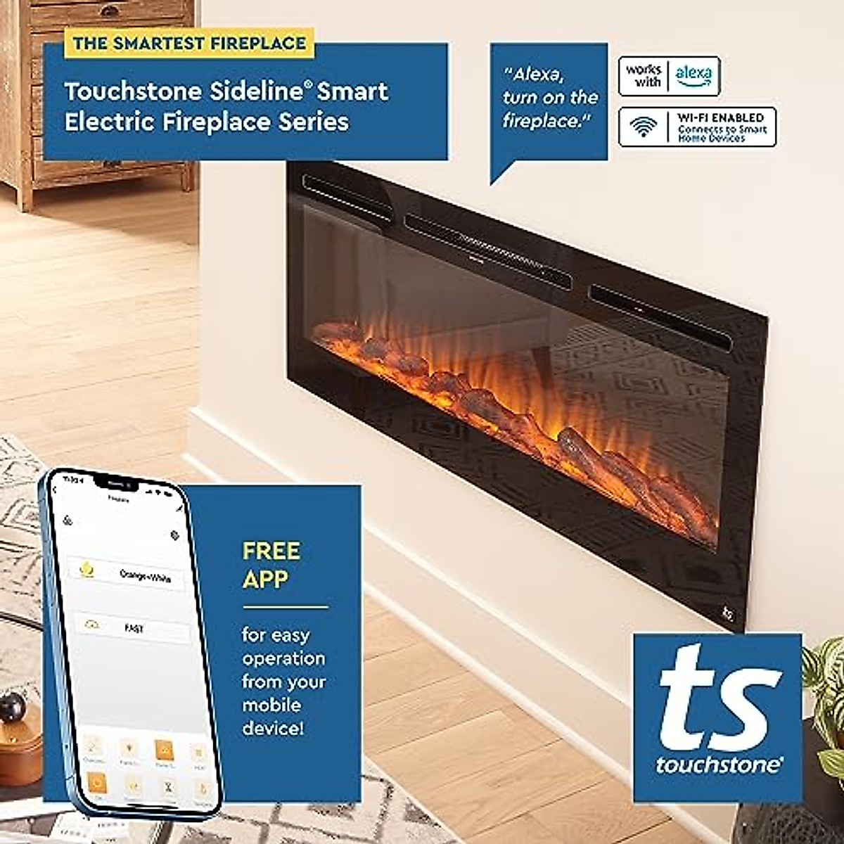 Touchstone Smart Electric Fireplace-The Sideline 36 Inch Wide-in Wall Recessed-30 Realistic Ember Color/Flame Options-1500W Heater w/Thermostat-Black-Log & Crystal Hearth Options -Alexa/WiFi Enabled