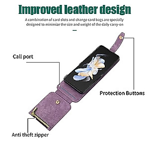 UEEBAI Crossbody Wallet Case for Samsung Galaxy Z Flip 5 5G, Card Slots Adjustable Crossbody Zipper Cover Detachable Lanyard Strap Flip Case with Hand Strap Kickstand Case - Purple