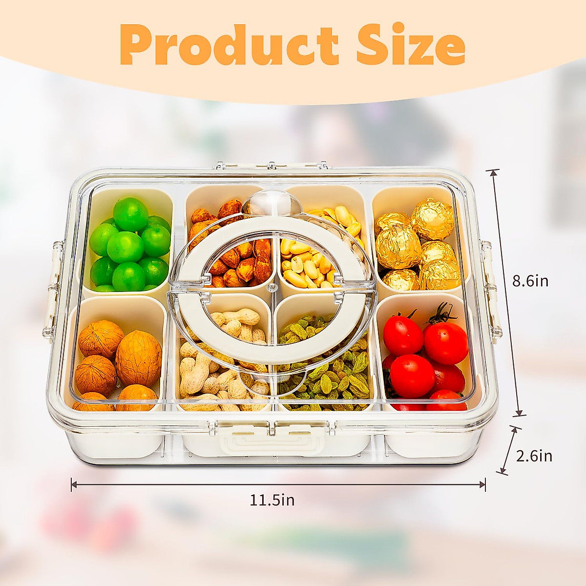 HRXFOZ Divided Serving Tray with Lid and Handle,8 Compartments Snacks Box,Snack Fruit Tray,Veggie Tray,Portable Snack Platter for Candy Fruits Nuts Snack Party Entertaining Picnic (1 PCS)