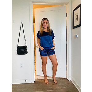 Ekouaer Pajama Set for Women Two Piece Satin Sleepwear Silk Pjs Crewneck Short Sleeve Tops and Shorts(Navy Blue,XX-Large)