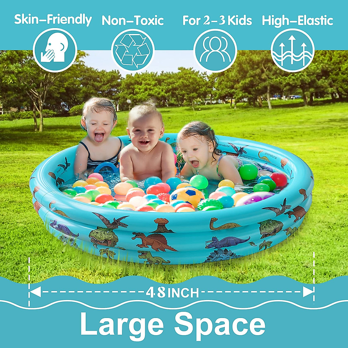 Dinosaur Inflatable Pool for Kids, Dino Kiddie Swimming Pool, Blow Up 3 Rings Round Baby Padding Pool for Outside and Indoor, Toddler Pool Ball Pit/Fishing/Toys Play Center for Garden- 57”x15”