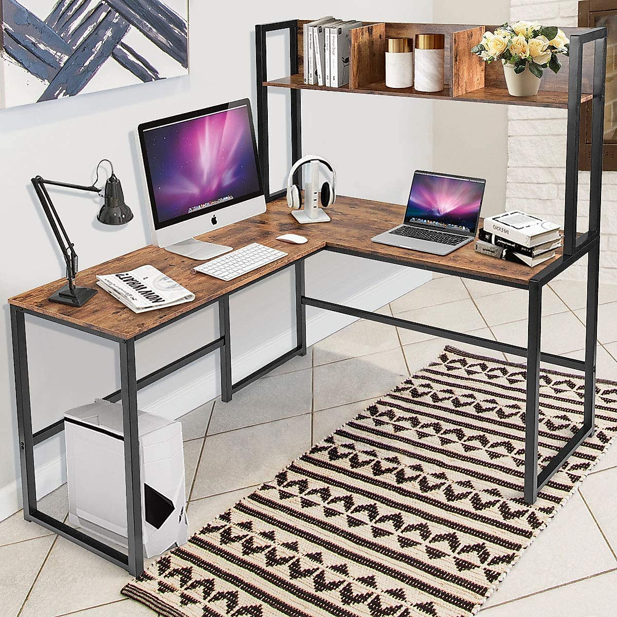 Tangkula Reversible L-Shaped Desk with Hutch, Space Saving Corner Computer Desk with Storage Shelves, Home Office Study Writing Desk Computer Workstation with Storage Bookshelf, Gaming Desk