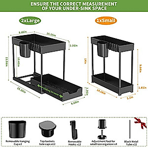 3 Pack Under Sink Organizers and Storage, Pull Out Bathroom Organizer, 2 Tier Bathroom Countertop Organizer with Hooks and Haning Cups, Multi-Purpose Under Cabinet Organizer, 2 Large 1 Small