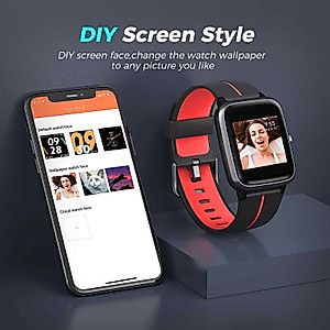 Smart Watch, Built-in GPS Fitness Tracker with All-Day Heart Rate and Activity Tracking* Monitoring, Full Touch Screen Fitness Watch, 14 Sport Modes, 5ATM Waterproof Men and Women (Black + Red)