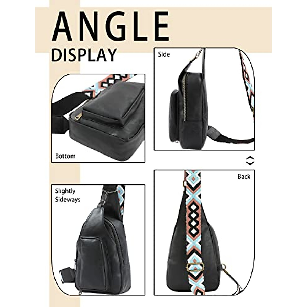 Ocahuel Women Sling Bags Crossbody Chest Bag Purse Leather Wide Guitar Strap Satchel Daypack Retro Shoulder Backpack Travel Hiking Black