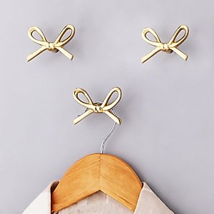 Indian Shelf 3 Brass Gold Decorative Bow Wall Hooks Nursery Kids Tie Coat Rack Wall Mount Vintage Coat Hooks for Hanging Coats, Tie, Towels, Bags, Purse & More