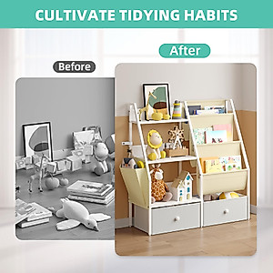 PLYFOU 3 Tier Kids Bookshelf and Toy Storage, Kids Book Sling Shelf, Montessori Toddler Bookshelf for Kids, Kids Bookcase, Toy Storage Organizer, for Playroom, Bedroom, Nursery