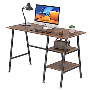 VECELO 43 Inch Computer Desk Writing Study Work Office Table Modern Desk with Shelves Wooden Desk for Home Bedroom,Walnut Desk