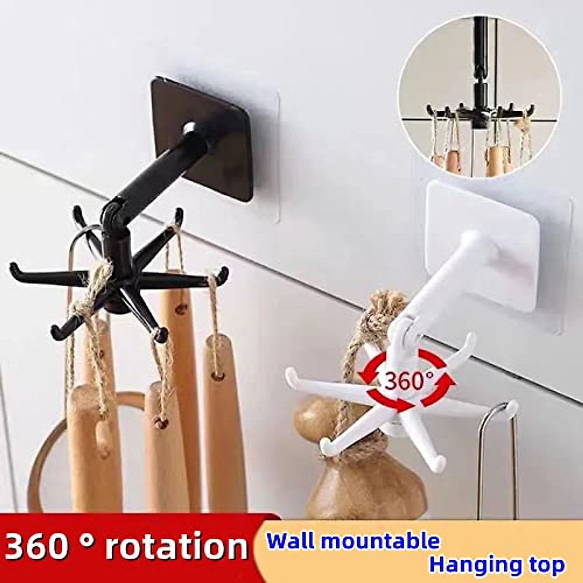 6-Piece, Household Kitchen, Super Multifunctional Rotary six Claw Wall Hanging Hook, Dormitory Hook Storage, Indoor Hook Rack, no Punching, no Trace, Stick Hook (White)