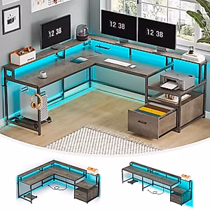SEDETA L Shaped Desk, 66" Home Office Desk with File Drawer and Power Outlet, Corner Computer Desk with Monitor Shelf, Printer Storage Shelves, Gaming Desk with Led Lights, Two Person Desk, Walnut