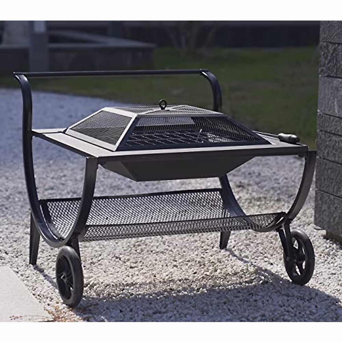 Sundale Outdoor Fire Pits Outdoor Wood Burning with Wheels, 27 Inch Steel Square Firepit BBQ Grill, Grate, Spark Screen, Fire Poker, Portable Fire Pit for Outside Patio Backyard
