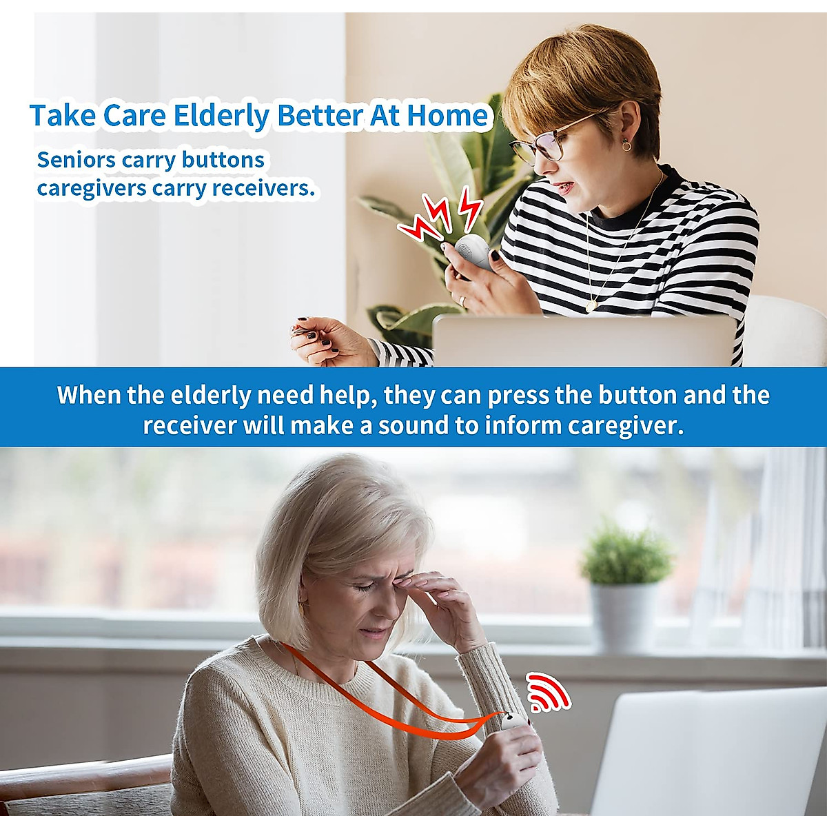 Wireless Caregiver Pager System Call Button Personal Alert Pager Nurse Alert System for Elderly/Senior at Home with 800+Feet Operating Range 1 Portable Receiver 2 Emergency Transmitter