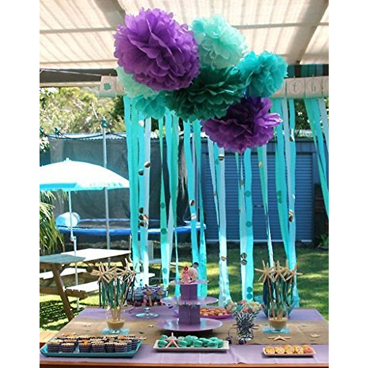 Furuix Mermaid Party Decorations /Under The Sea Party 16pcs Teal Lavender Purple Tissue Paper Pom Pom Paper Lanterns for Birthday Decor Mermaid Baby Shower Decorations Mermaid Party Supplies