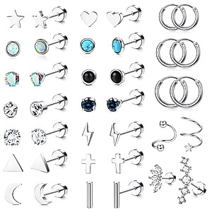 YADOCA 19Pairs Surgical Steel Stud Earrings Set for Women Men Small CZ Heart Star Moon Flat Back Earrings Hypoallergenic 20G Tiny Cartilage Earrings Stud Hoops Helix Tragus Daith Earrings Piercing