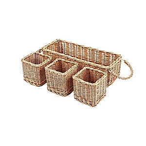 GYASVWU 3 Compartment Wicker Kitchen Flatware Storage Basket Utensil Holder with 3 Removable Storage Cups and Flexible Handles Handmde Baskets for Spoons, Knives, Forks (Wicker)
