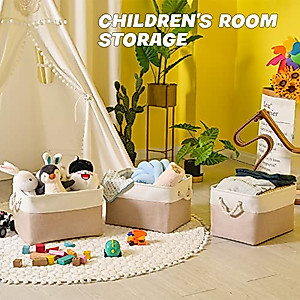 Storage Bins 3 Pack, Fabric Storage Basket for Collapsible Large Canvas Storage Baskets for Organizing Shelf Nursery Home Closet with Cotton Rope Handle (White&Khaki-15(L) x 11(W) x 9.5(H) in-3PCS)