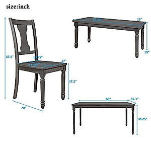 Woanke 6-Piece Set, Wooden Rectangular Table with 4 Chairs and 1 Bench, Rustic Style for Kitchen, Dining Room, Breakfast Nook, 2-Gray