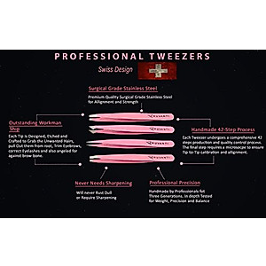 Ruvanti Tweezers 4 Pieces Set for Men/Women - Best for Plucking Eyebrow Facial & Ingrown Hairs, Slant Tip Pointed Straight & Precise - Pink
