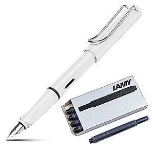 Lamy Safari Fountain Pen (19M) White & 5 Black Ink Cartridges