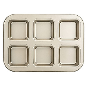 Beasea Brownie Pan, 1 Pack 6 Cavity Gold Nonstick Square Mini Brownie Muffin Cake Pan Cheesecake Cupcake Bakeware Carbon Steel Brownie Baking Tray 2x3 Individual Cutter Bakeware for Oven Baking