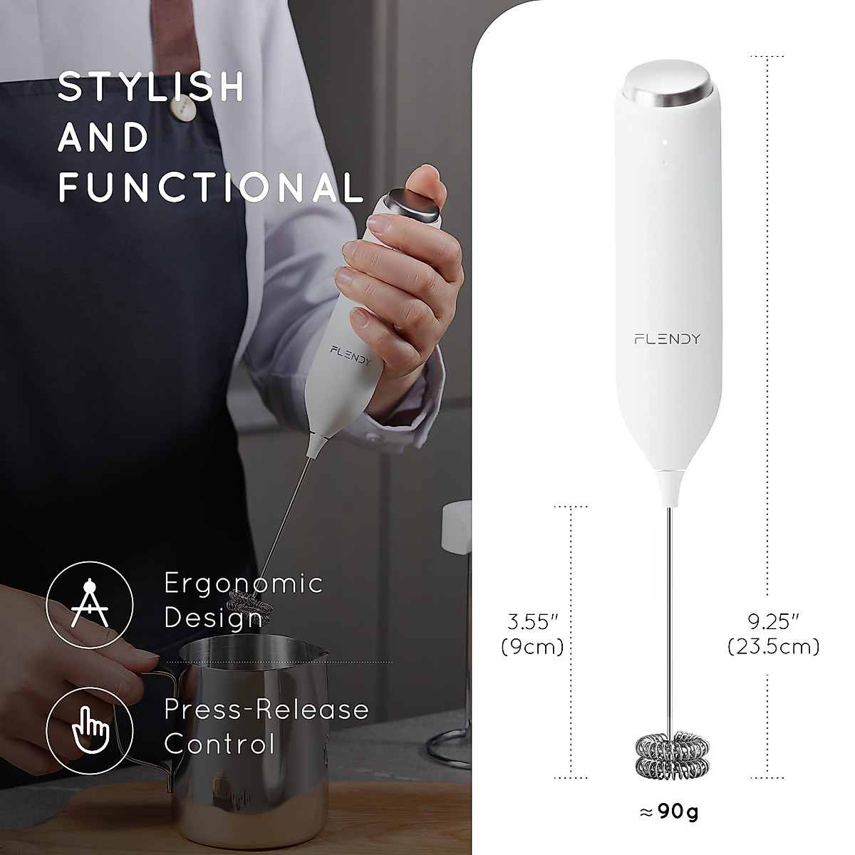 Flendy Rechargeable Milk Frother Handheld, Coffee Frother Handheld with USB-C Charging Stand, Electric Drink Mixer Handheld, Mini Electric Whisk Frother for Coffee, Matcha, etc