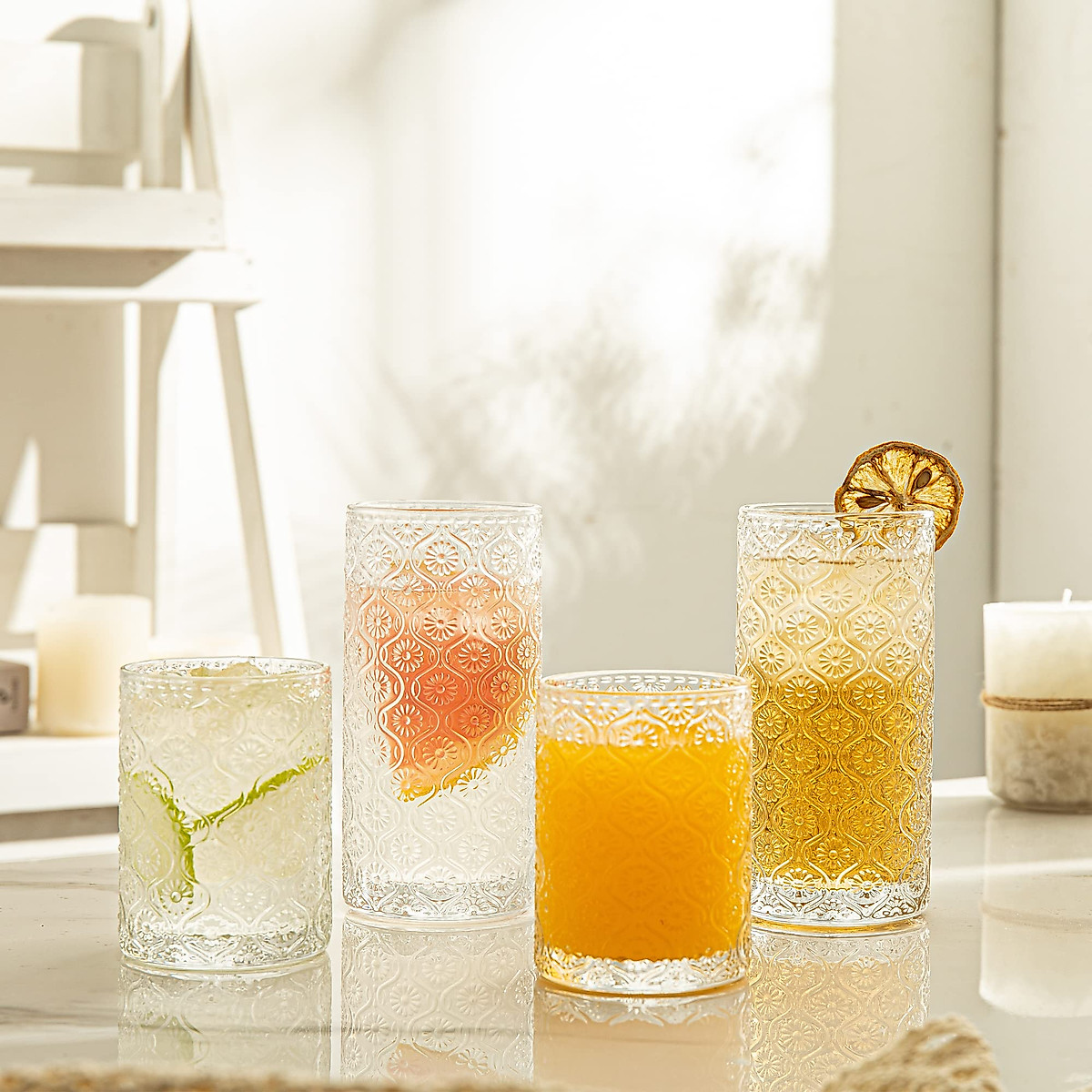 POLIDREAM Set of 4 Vintage Embossed Glass Cups | Art Deco Glassware | 2 Tall Crystal Tumblers & 2 Short DOF Glasses | Ideal for Whiskey, Beer, Juice, Water | Perfect for Home, Bars, Parties