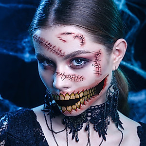 CUTELIILI 74+PCS 21 Sheets Halloween Zombie Makeup Face Tattoos, Halloween Prank Makeup Scary Big Mouth Fake Tattoos, Zombie Face Decals Prank Props for Halloween Cosplay Party DIY