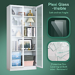 IRONMIX Metal Bookcase with Acrylic Door and Adjustable Shelves, 70.87" H 31.5" W Storage Cabinet 5 Tier, Dust Proof Display Shelf, White