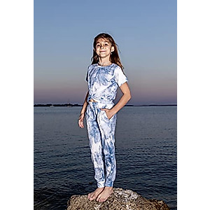 Arshiner Tie Dye Jogger Sets for Girls Casual Twist Front Tops & Pants Set Dusty Blue 8-9 Years Old