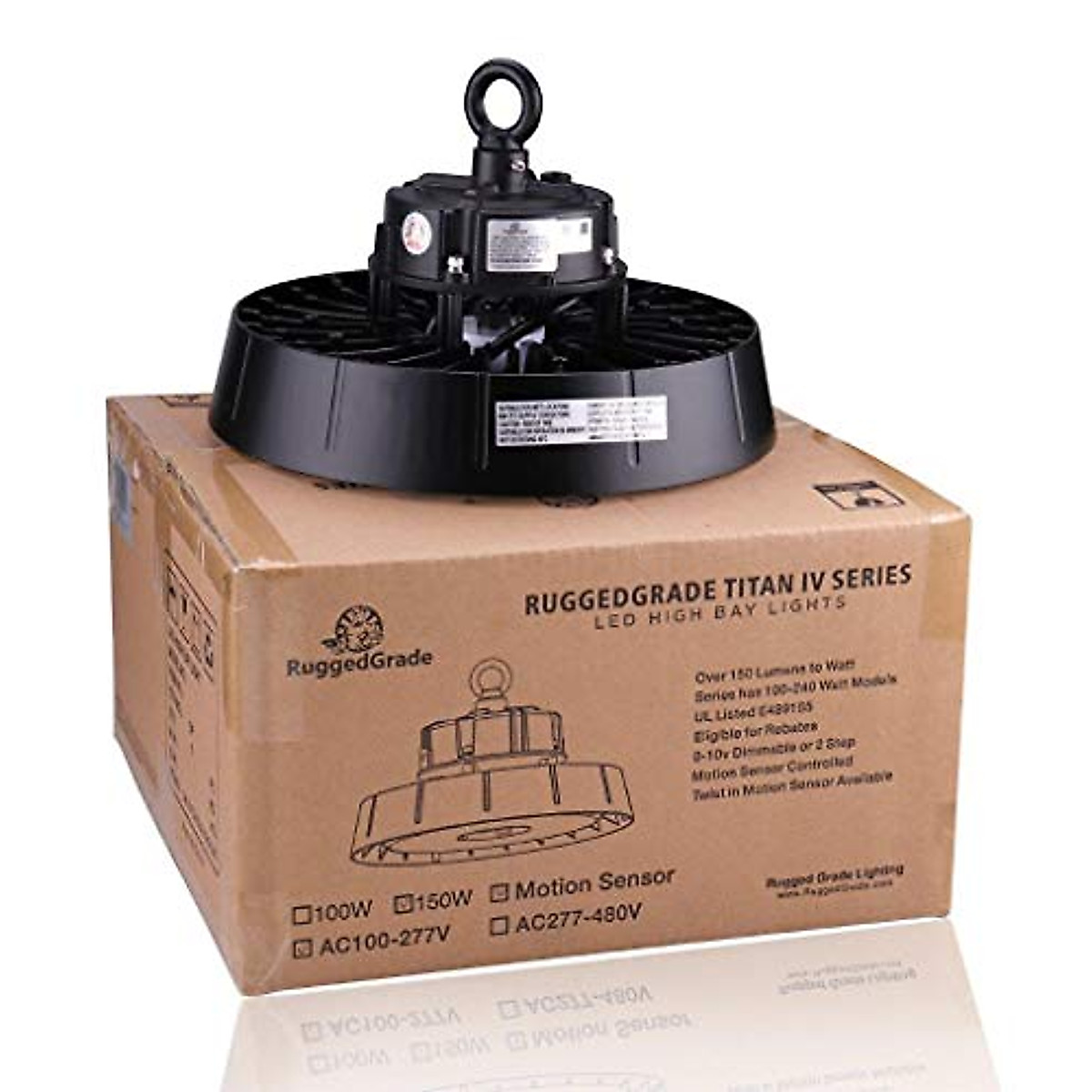 RuggedGrade Titan IV Series Motion Sensor 35,000 Lumen LED High Bay Light - 240 Watt LED High Bay Lighting UFO LED Light - Ultra Efficient 145 Lumens to watt - 5000K - DLC 5.1 Premium - Rugged Grade