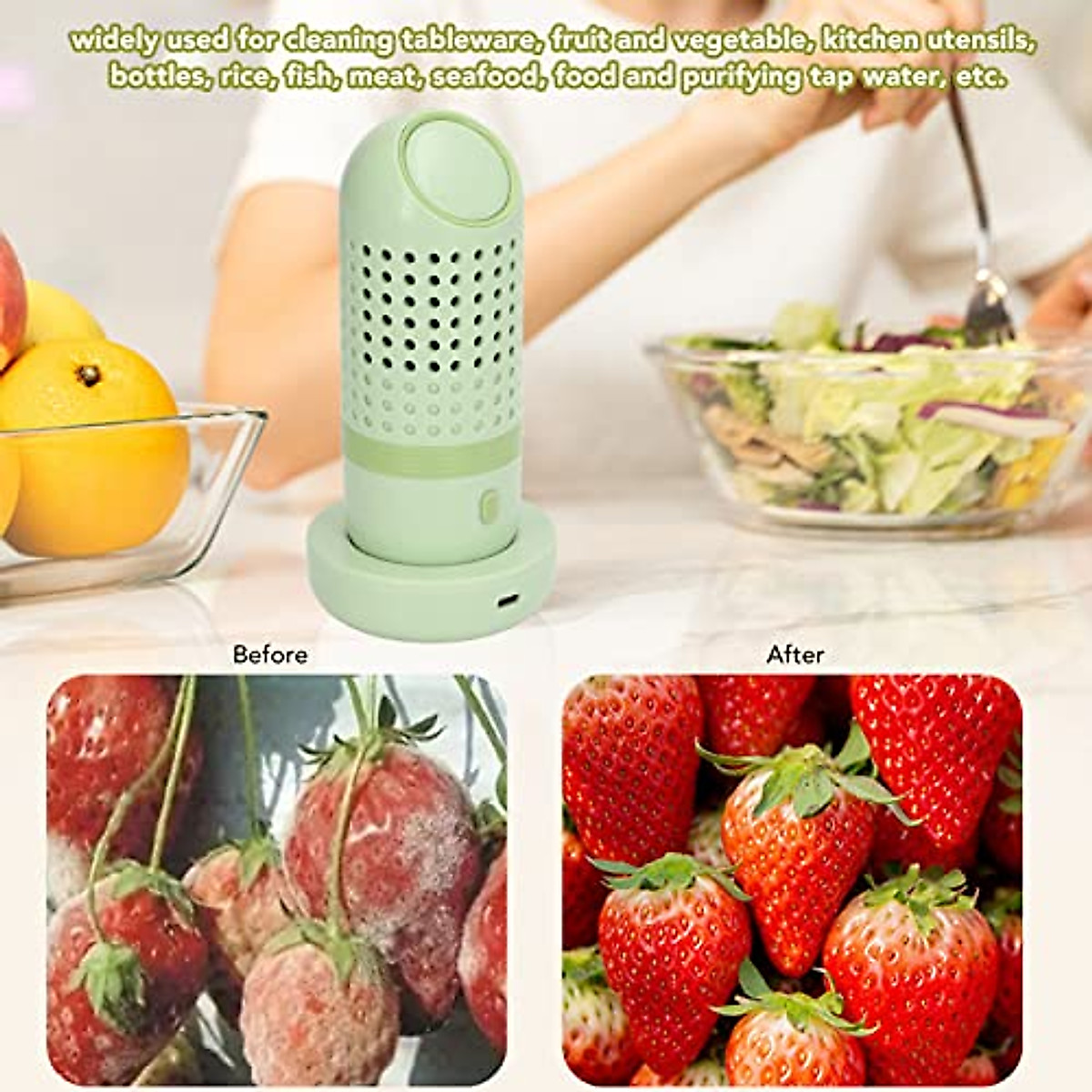 Portable Ultrasonic Washing Cleaner,plplaaoo Fruit and Vegetable Washing Machine, Wireless Food Purifier IPX7 Waterproof Portable Wireless USB Rechargeable Food Purifier for Rice Food (Green)