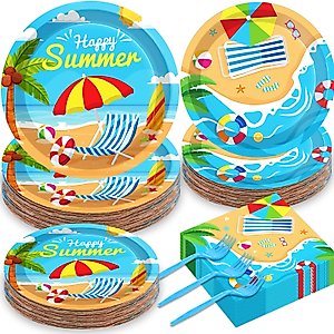 200 Pieces Beach Party Supplies Summer Birthday Party Decorations Disposable Paper Plates Napkins Forks Dinnerware Tableware Set Beach Party Decoration Favors For Kids Serves 50