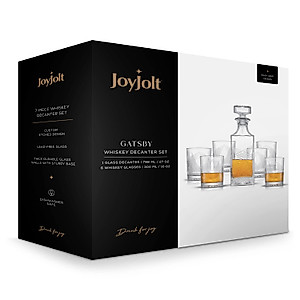 JoyJolt Gatsby Whiskey Decanter and 6PC Glasses Set. 27 oz Airtight Glass Decanter and Set of 6 Old Fashioned Rocks Glasses for Scotch, Bourbon Whisky, Brandy, Cognac Rum or Whiskey Cocktails