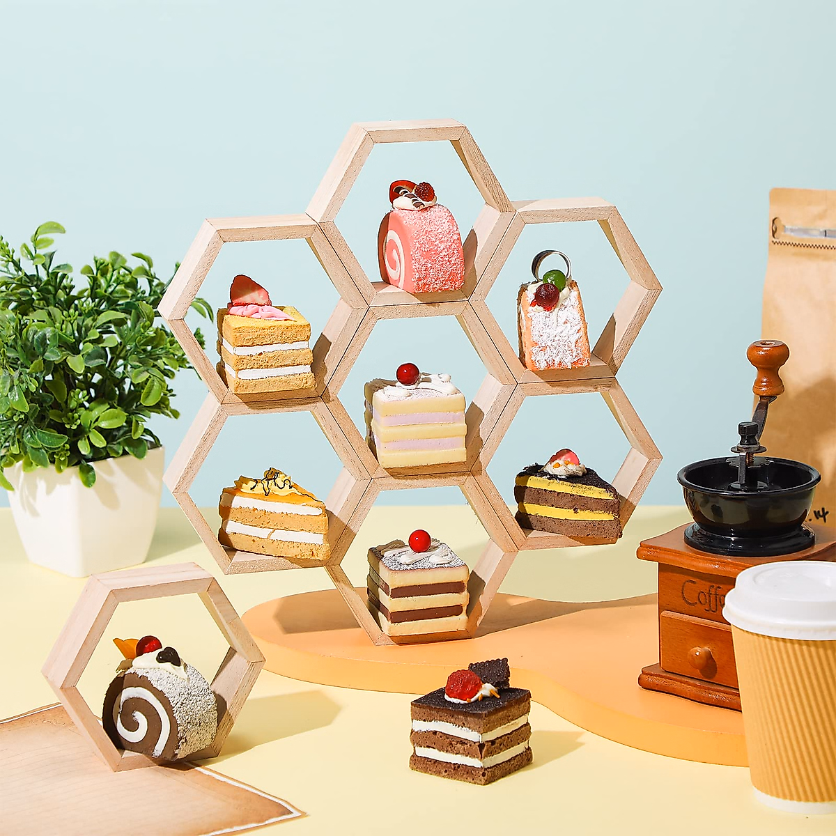 Kigley 8 Pcs Mini Honeycomb Cupcake Stand Wooden Hexagon Cake Display Holder Farmhouse Hexagonal Floating Table Sign for Baby Shower Birthday Party(Burly Wood)