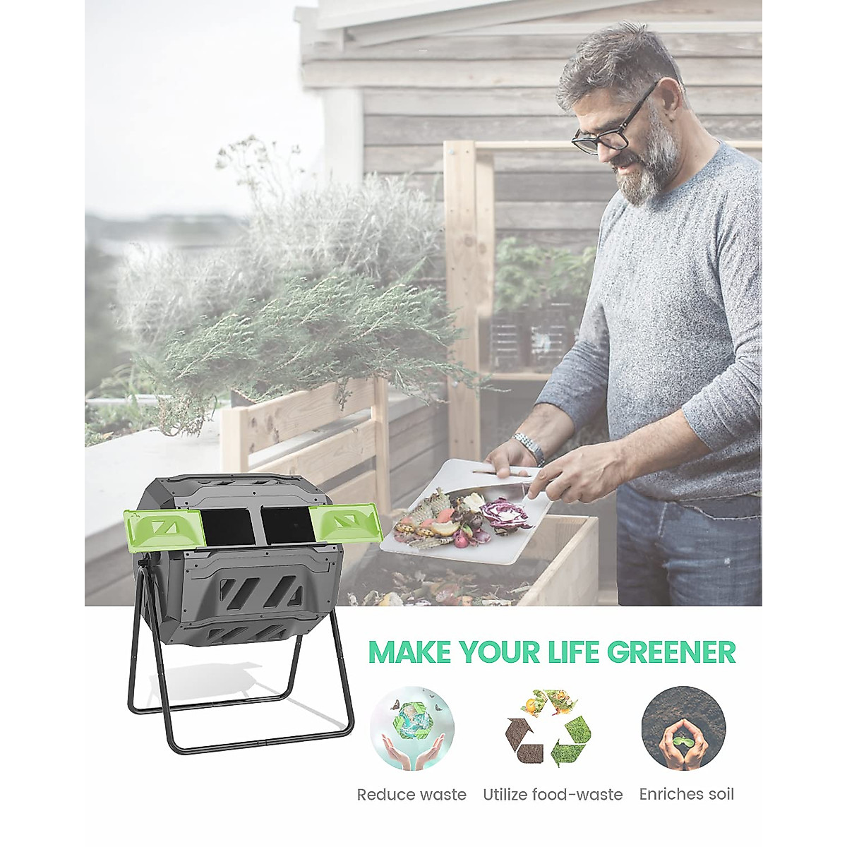 Garden Compost Bin from BPA Free Material, Dual Rotating Outdoor Composting Tumblers (43 Gallon,Green)