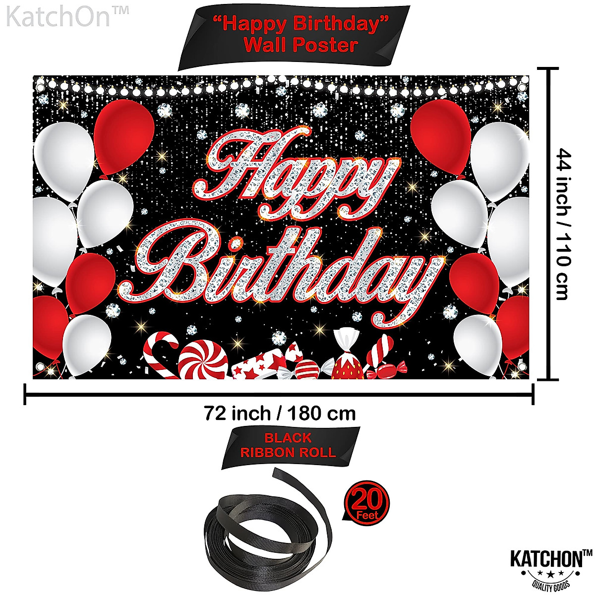 KatchOn, XtraLarge Red Happy Birthday Banner - 72x44 Inch | Red and Black Birthday Decorations | Happy Birthday Banner Red and Black | Happy Birthday Sign for Backdrop | Birthday Party Decorations