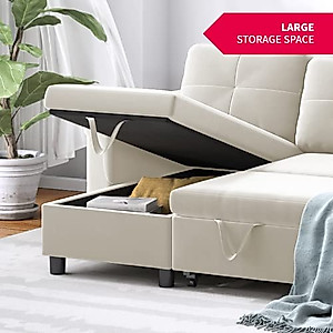 MUZZ Reversible Pull Out Sofa Couch, Sectional Sofa with Storage Chaise 3-Seat L-Shaped Sleeper Sofa, Ideal for Living Room, Apartment and Office etc. (Beige)