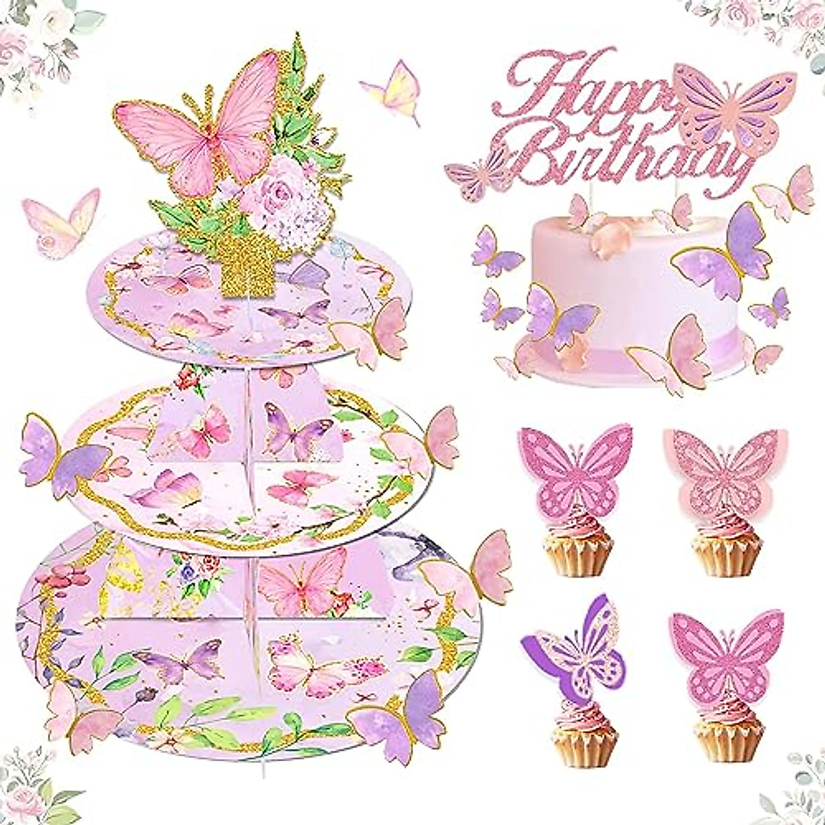 34 PCs Butterfly Cupcake Stand 3-Tier and Topper Set, Fiesec Floral Butterfly Birthday Party Decorations Baby Shower Supplies Cardboard Dessert Tower Holder Round Serving Stand 3D Butterfly for Girl