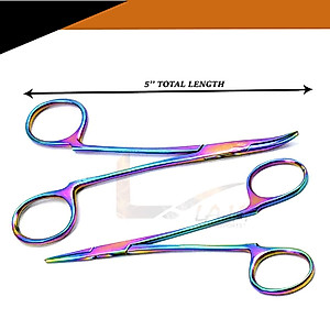 LAJA Imports Set of 2 Non-Locking Hemostat Straight & Curved 5'' for Ear Care Rainbow Multi Color