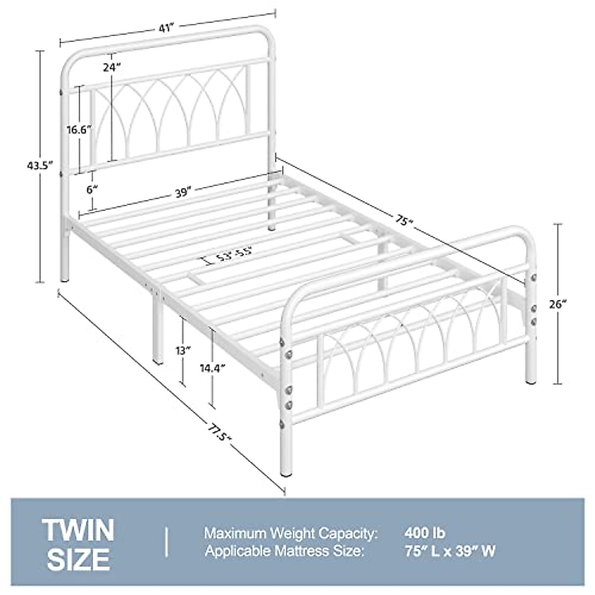 Yaheetech Twin Bed Frame Metal Platform Bed with Petal Accented Headboard/Footboard/14.4 Inch Under Bed Storage/No Box Spring Needed, White