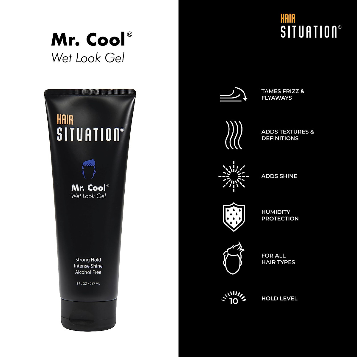 Hair Situation Mr. Cool Wet Look Hair Gel - Strong Hold, High Shine, Alcohol-Free, Clear Styling Formula, Anti-Humidity Frizz Control, Non-Flaking, Non-Greasy, Long-Lasting for All Hair Types 8 Fl Oz