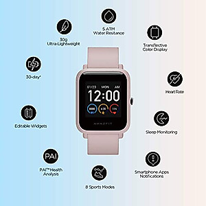 Amazfit Bip S Lite Smart Watch Fitness Tracker for Women, 30 Days Battery Life, 1.28”Always-on Display, 14 Sports Modes, Heart Rate & Sleep Monitor, 5 ATM Water-resistant, for Android iPhone(Pink)