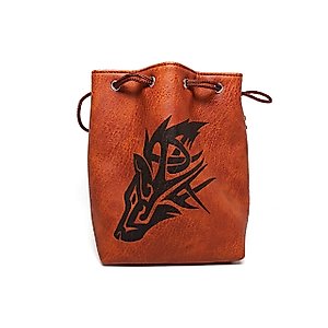 Brown Leather Lite Large Dice Bag with Wolf Design - Brown Faux Leather Exterior with Lined Interior - Stands Up on its Own and Holds 400 16mm Polyhedral Dice