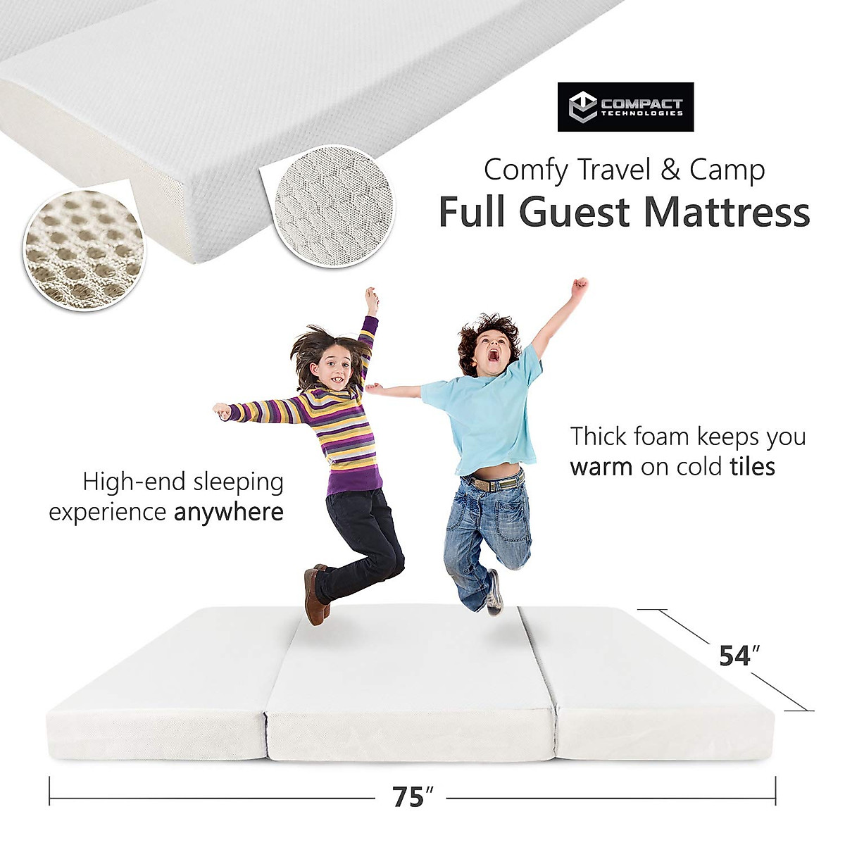 Portable Mattress - Folding Memory Foam Guest Fold Up Bed w/Case | Tri-Fold (6 Inch) Travel Away Floor, Futon & Camp Cot Topper for Fast Trifold Foldable (Fold-Up & Fold-Out) Sleep Comfort (Full)