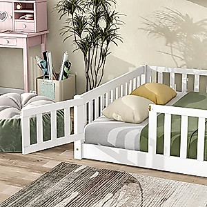 Harper & Bright Designs Full Floor Bed for Kids, Montessori Frame with Fence and Door, Wooden Full Platform Boys Girls, Slats Included, No Box Spring Needed (Full Size, White) White With Slats
