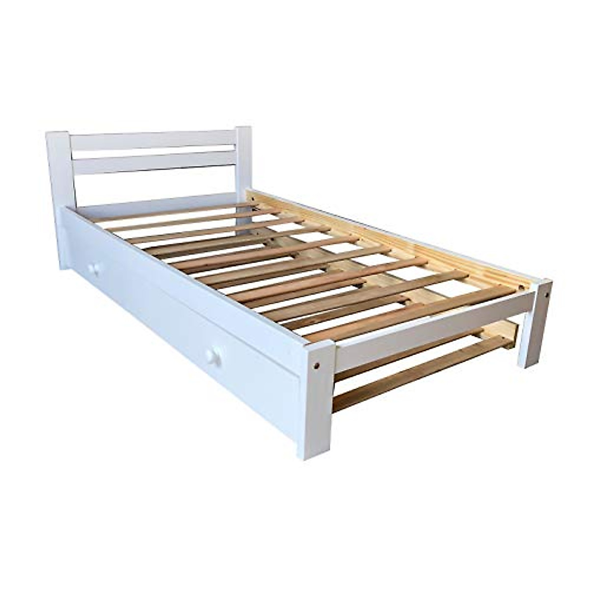 Amazonas White Twin Bed with Trundle Wooden Trundle Bed Twin Size Solid Pine Wood and Hardwood Slats Support Kids Bed Boy Girl Wooden Bedroom Furniture